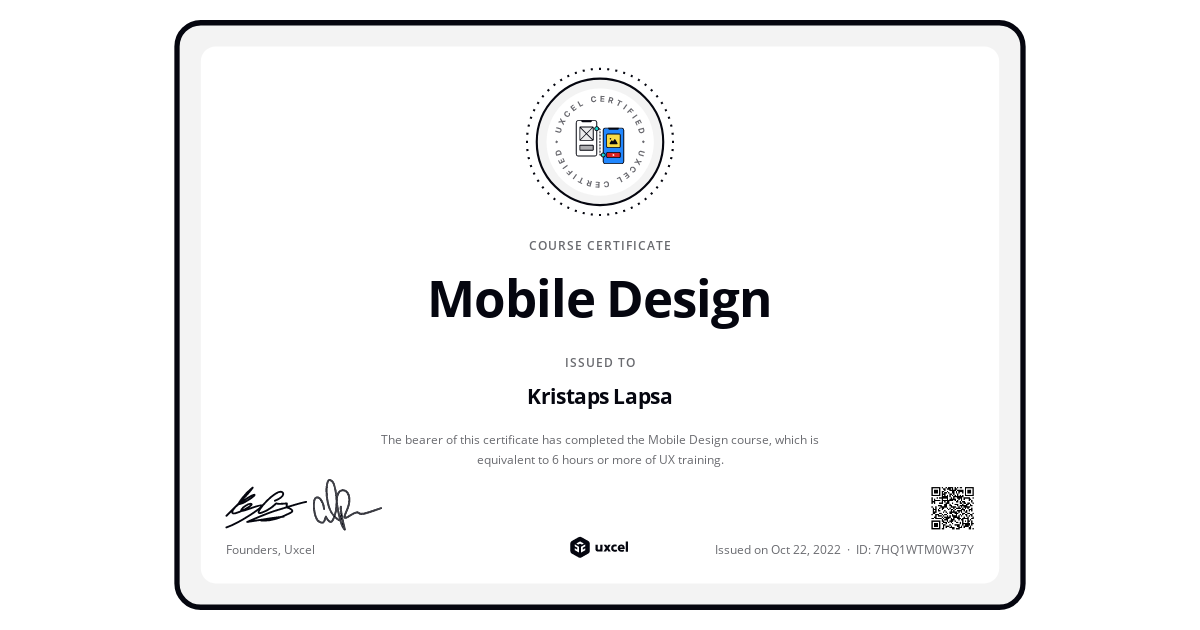 Certificate of completion for Mobile Design | Uxcel